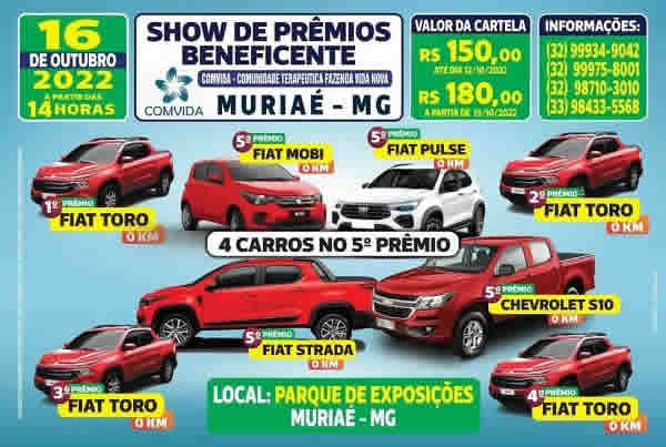 Show de prêmios beneficente agita Muriaé no domingo; sorteio de oito carros