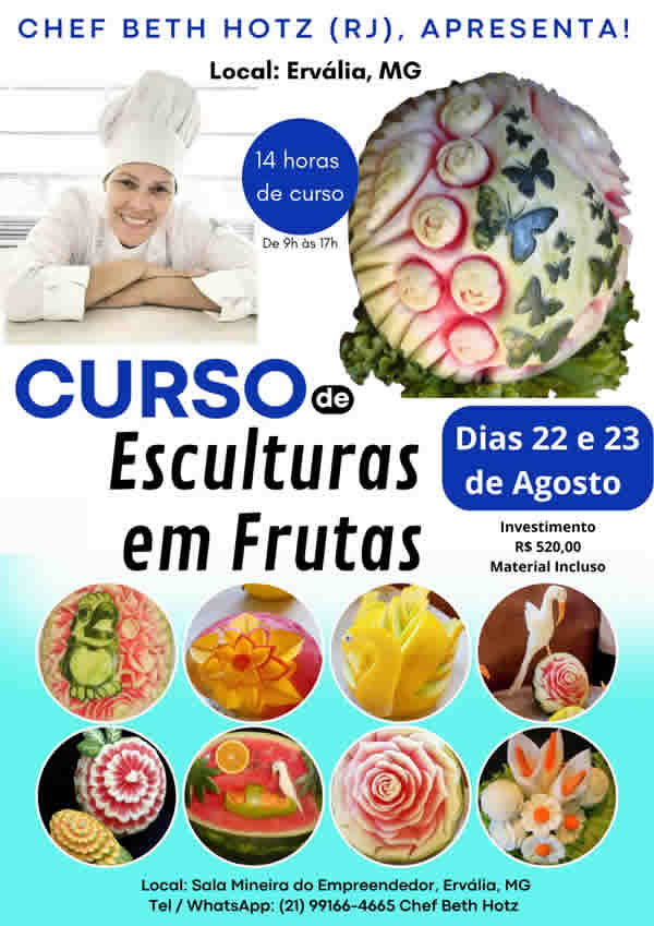 Chef renomada do Rio de Janeiro ministrará curso de Esculturas em Frutas e Legumes em Ervália
